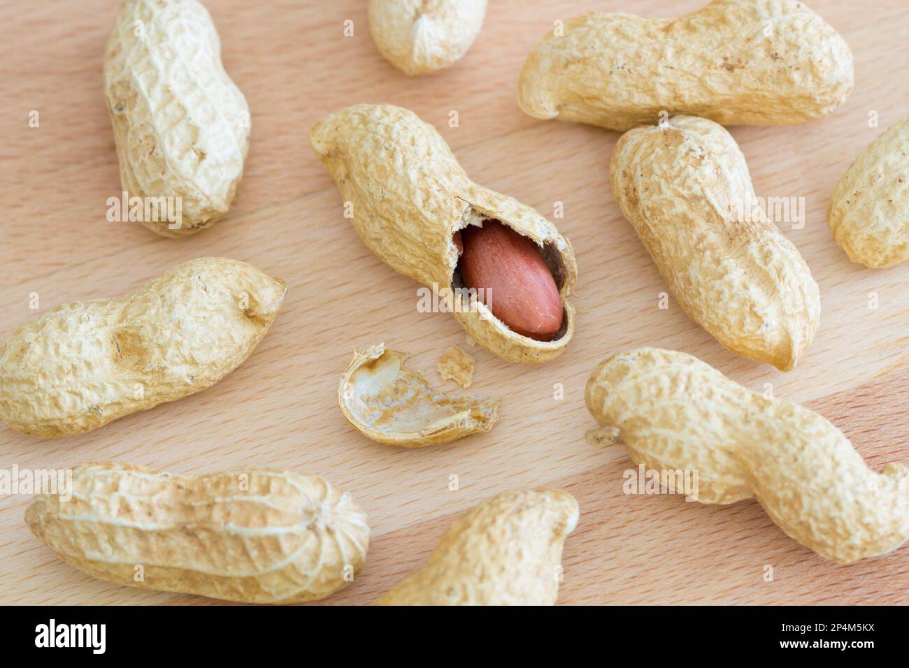 Variety of whole peanuts and one half peeled peanut with cracked shell ...