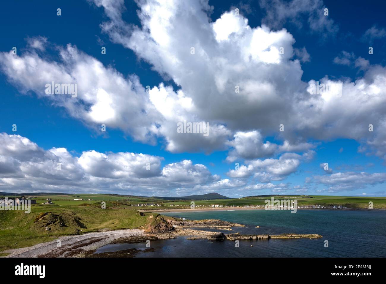 View of Sandend in summer on the Moray coast in Aberdeenshire, Scotland ...