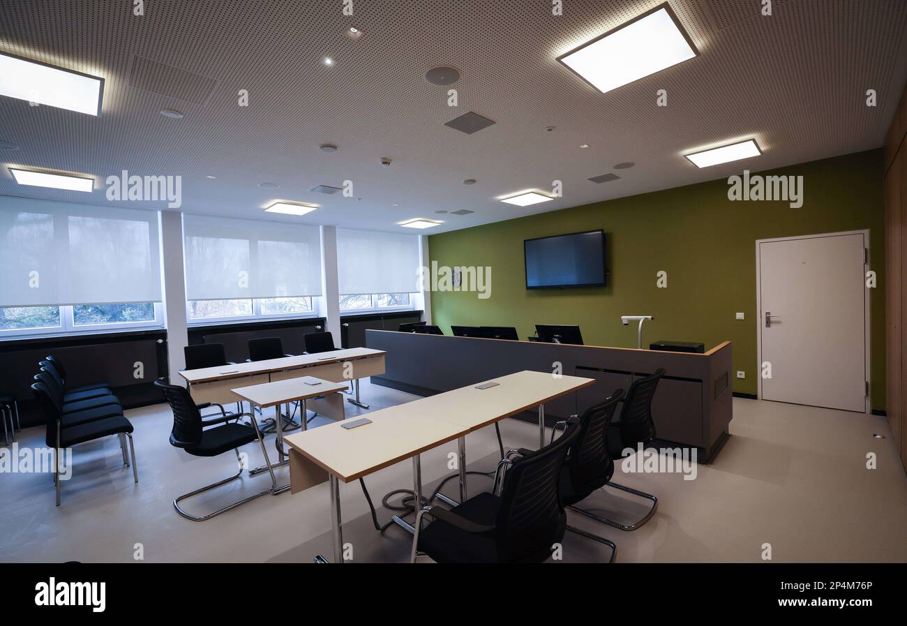 06 March 2023, Schleswig-Holstein, Lübeck: View of a small courtroom in ...