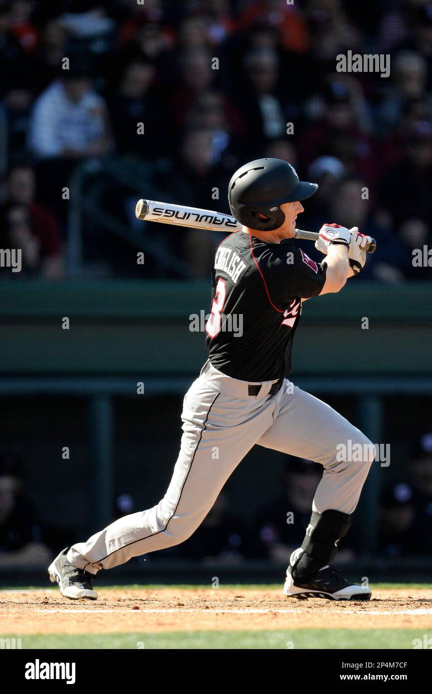Center fielder Tanner English (3) of the South Carolina Gamecocks hits ...