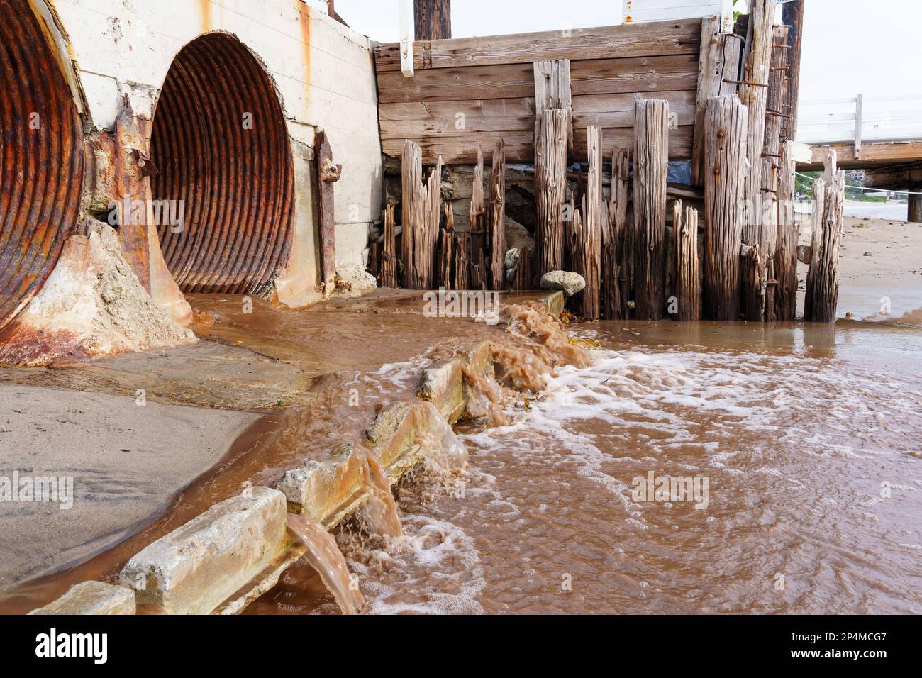 Malibu beach water management infrastructure in action. Water running ...