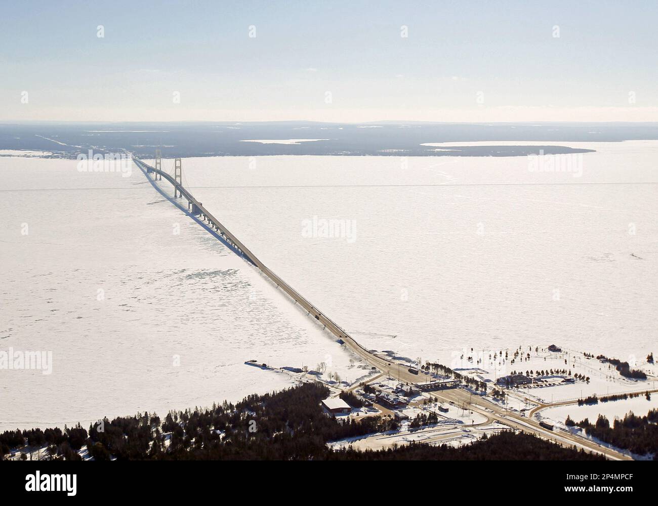 In this Feb. 11, 2014 aerial photo is a view of The Mackinac Bridge ...