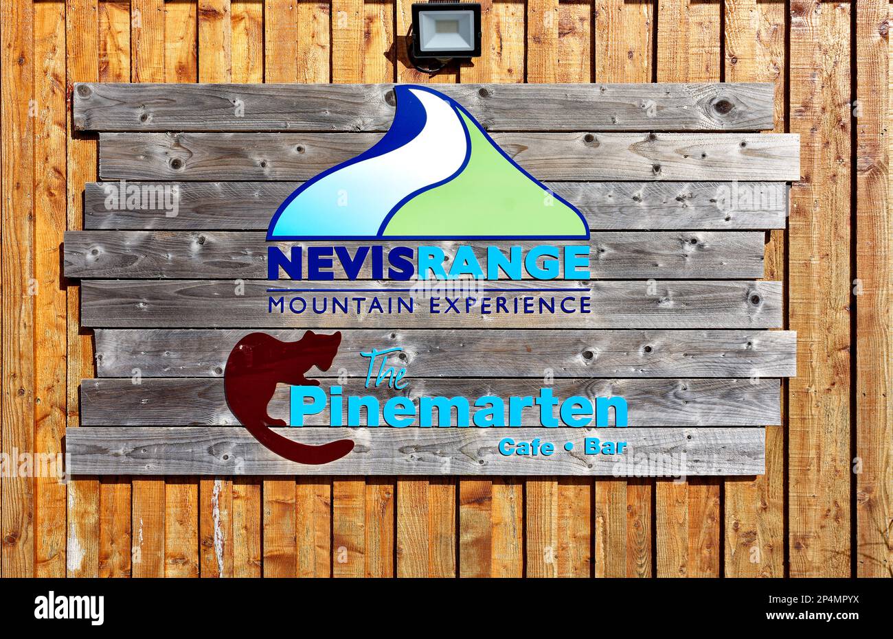 Fort William Aonach Mor Mountain Nevis Range sign outside the base cafe ...