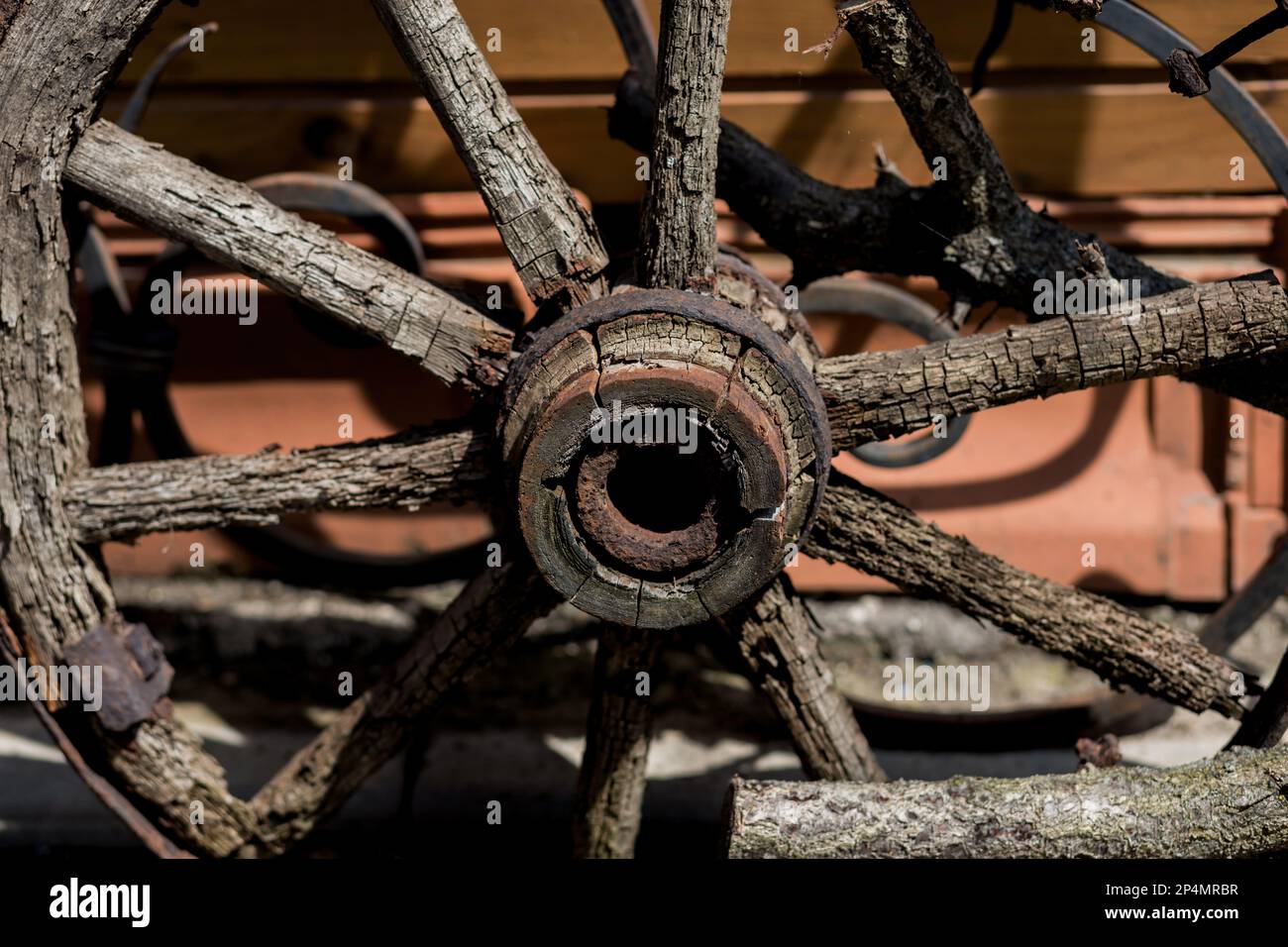 old wooden wheel used for transportation. vintage wheel Stock Photo - Alamy