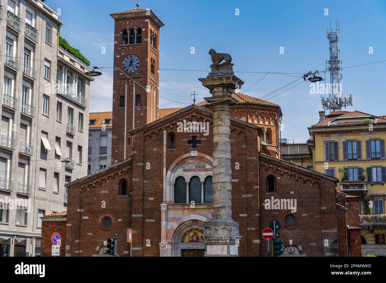 Milan, Italy San Babila church facade with bell tower. External day ...