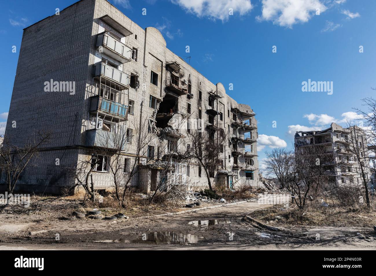 View of destroyed houses as a result of missile and artillery shelling ...