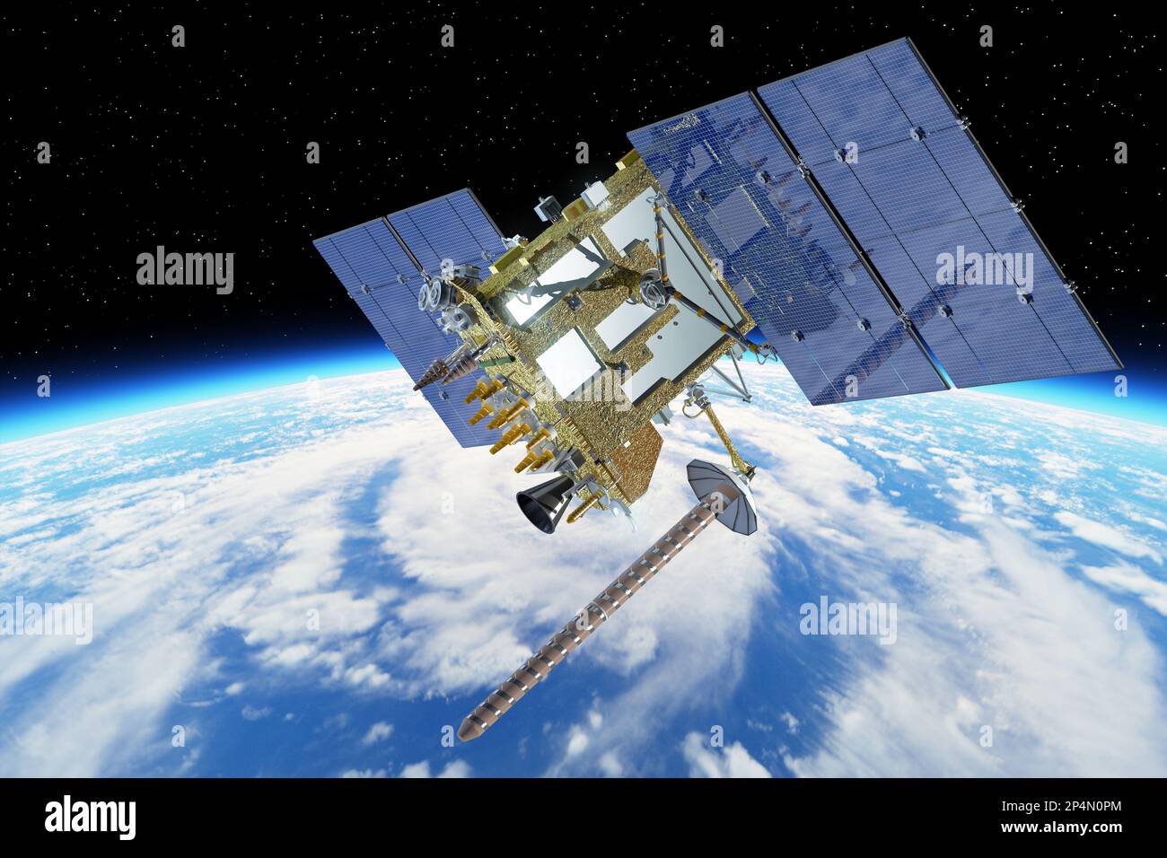 Modern navigation satellite satellite at the Earth orbit. 3d rendering ...