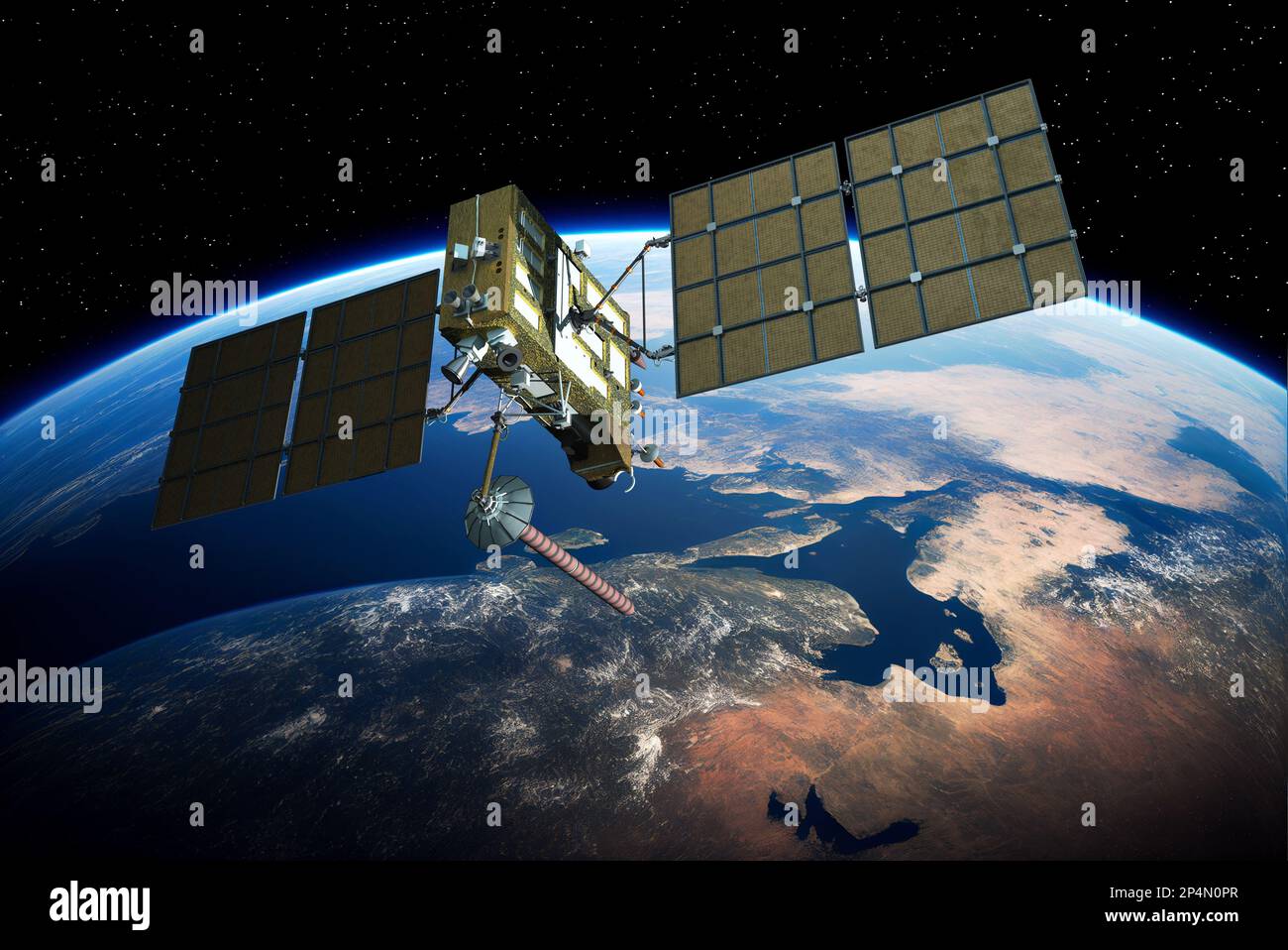 Modern navigation satellite satellite at the Earth orbit. 3d rendering ...