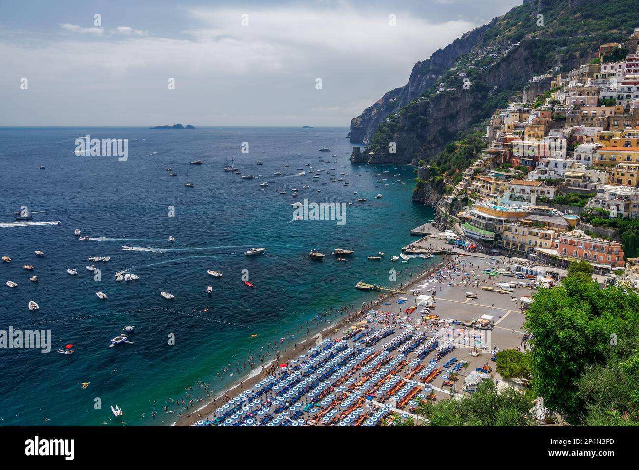 Amalfi Coast Positano Town panorama with low-rise buildings. Elevated ...