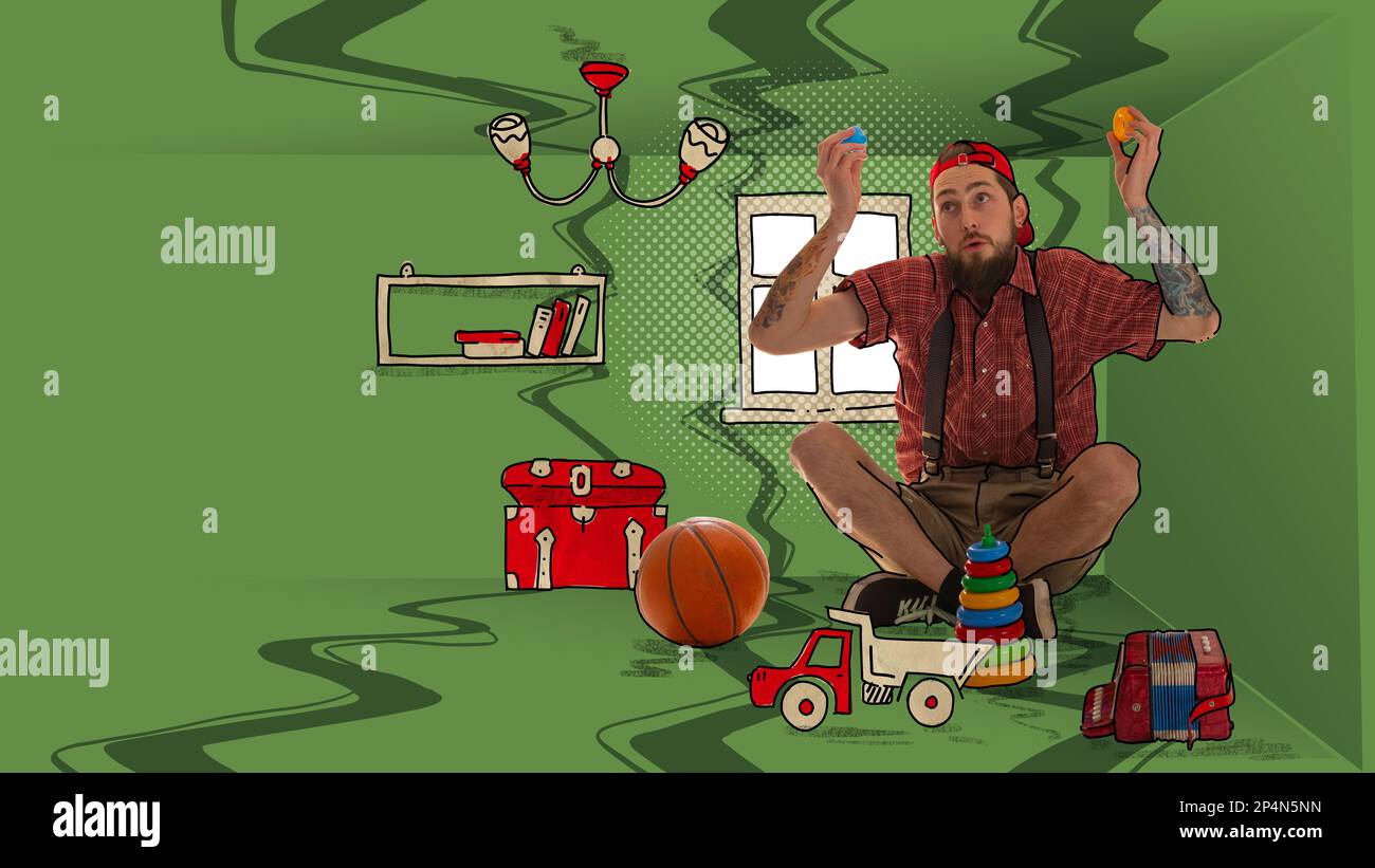 Conceptual collage with emotional young man sitting in imaginary ...