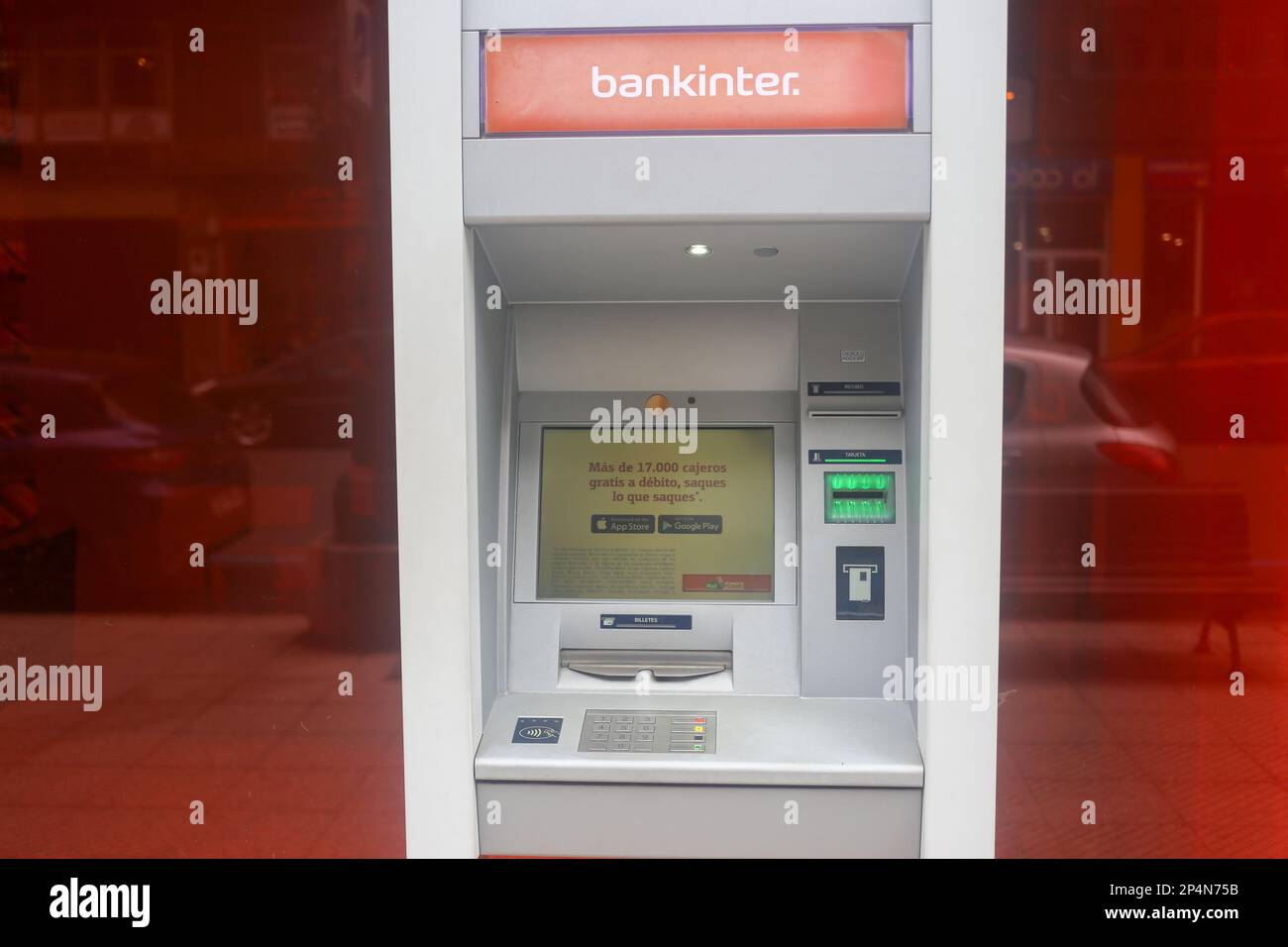 Oviedo, Spain, 6th March, 2023: An ATM of the Bankinter entity during Bankinter finances more ...