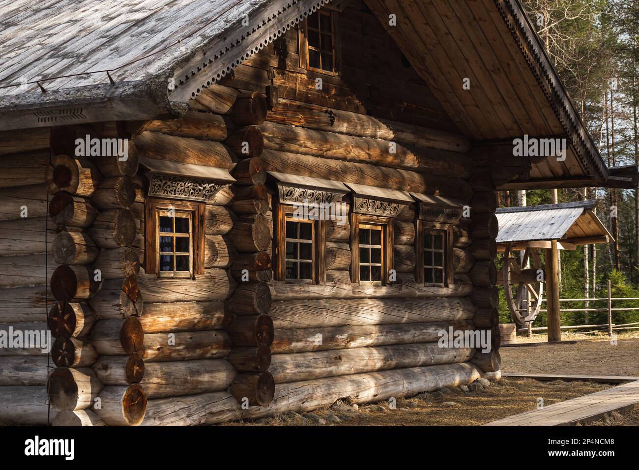 Traditional Russian wooden countryside house (izba), with decorative ...