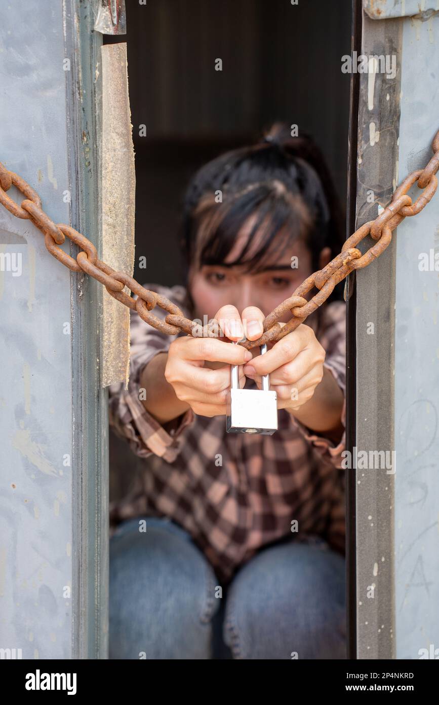 Woman trapped in cargo container wait for Human Trafficking or foreigh ...