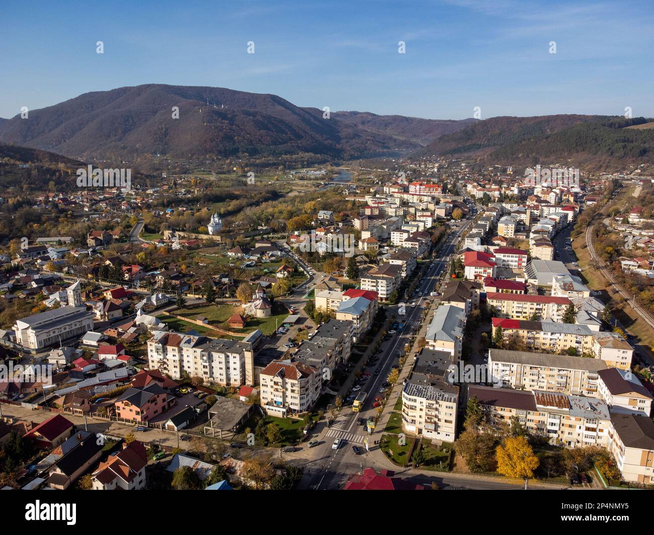 An aerial view of a small town with many buildings from northern ...