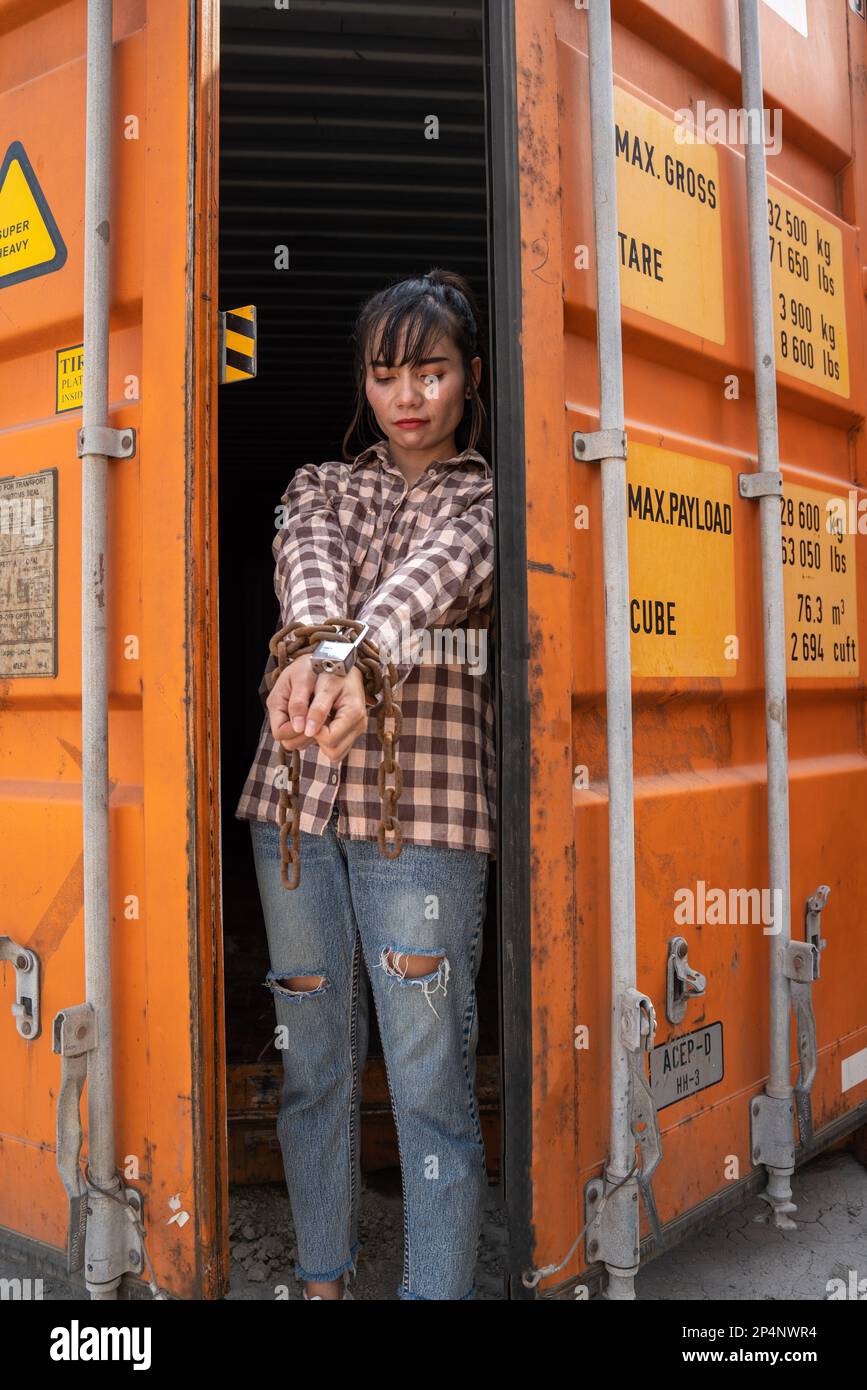 Woman trapped in cargo container wait for Human Trafficking or foreigh ...