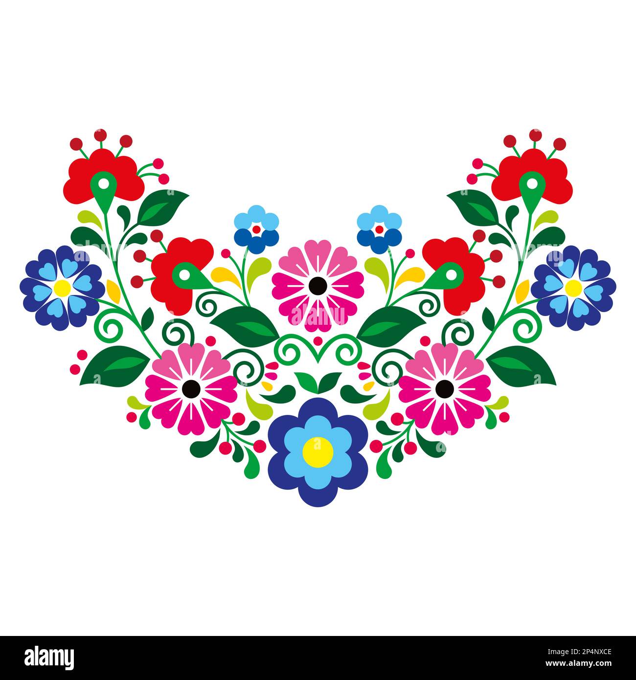 Mexican vibrant folk art style vector pattern with flowers, half wreath ...