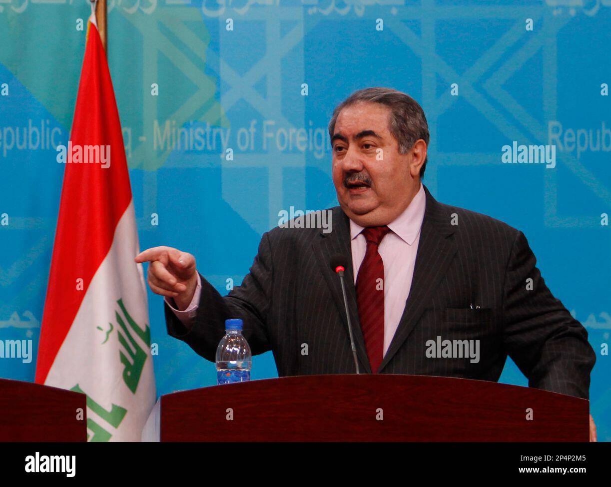Iraqi Foreign Minister Hoshyar Zebari, speaks to the media during a ...