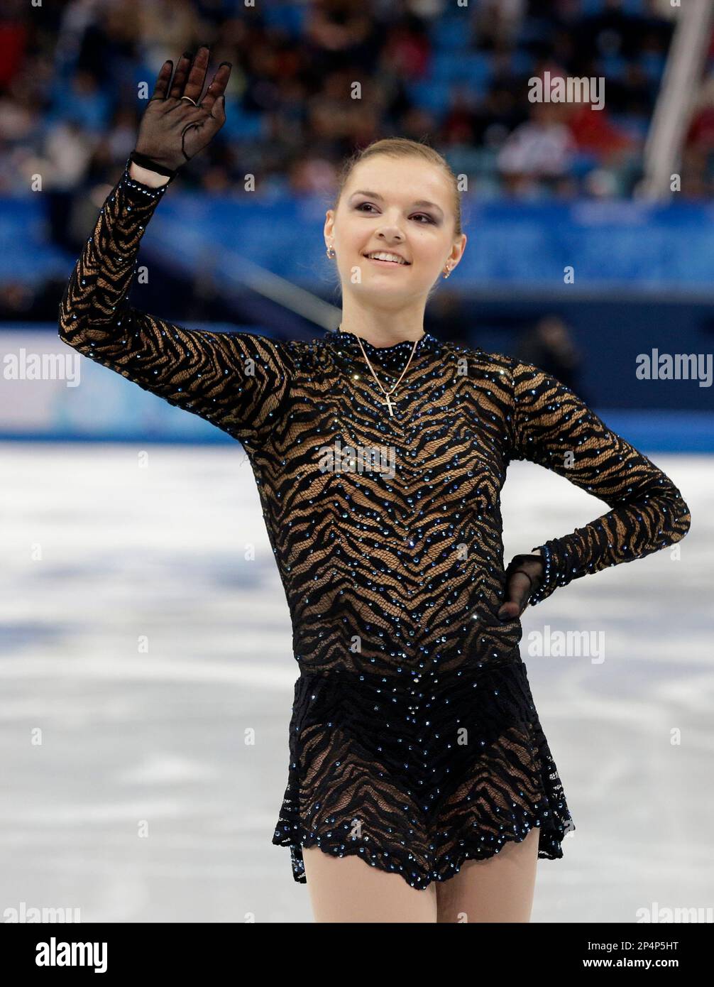 Natalia Popova of Ukraine leaves the ice after competing in the women's ...