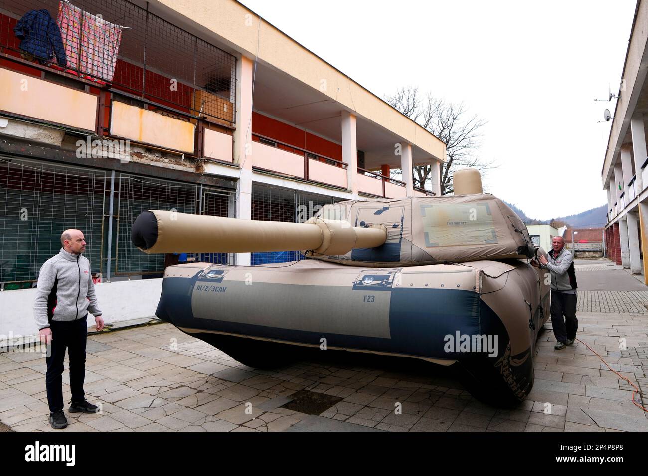 An inflatable decoy of an Abrams tank is presented to media in Decin ...
