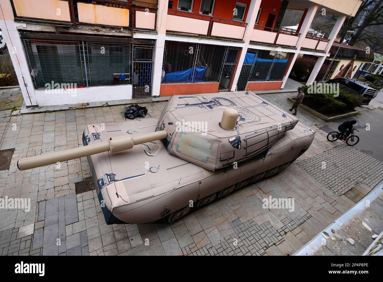 An inflatable decoy of an Abrams tank is presented to media in Decin ...