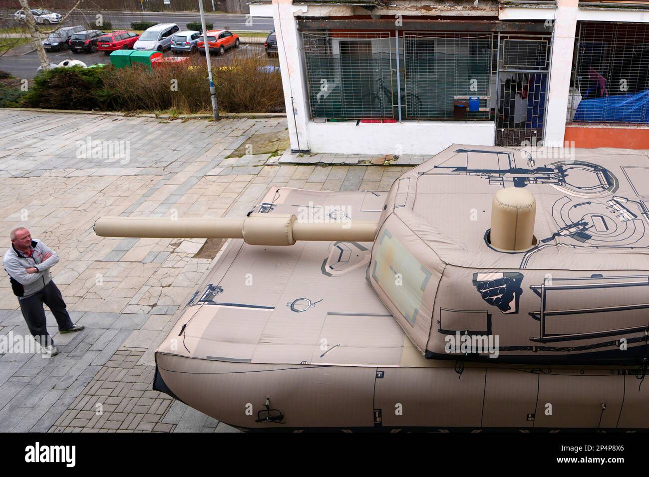 An inflatable decoy of an Abrams tank is presented to media in Decin ...