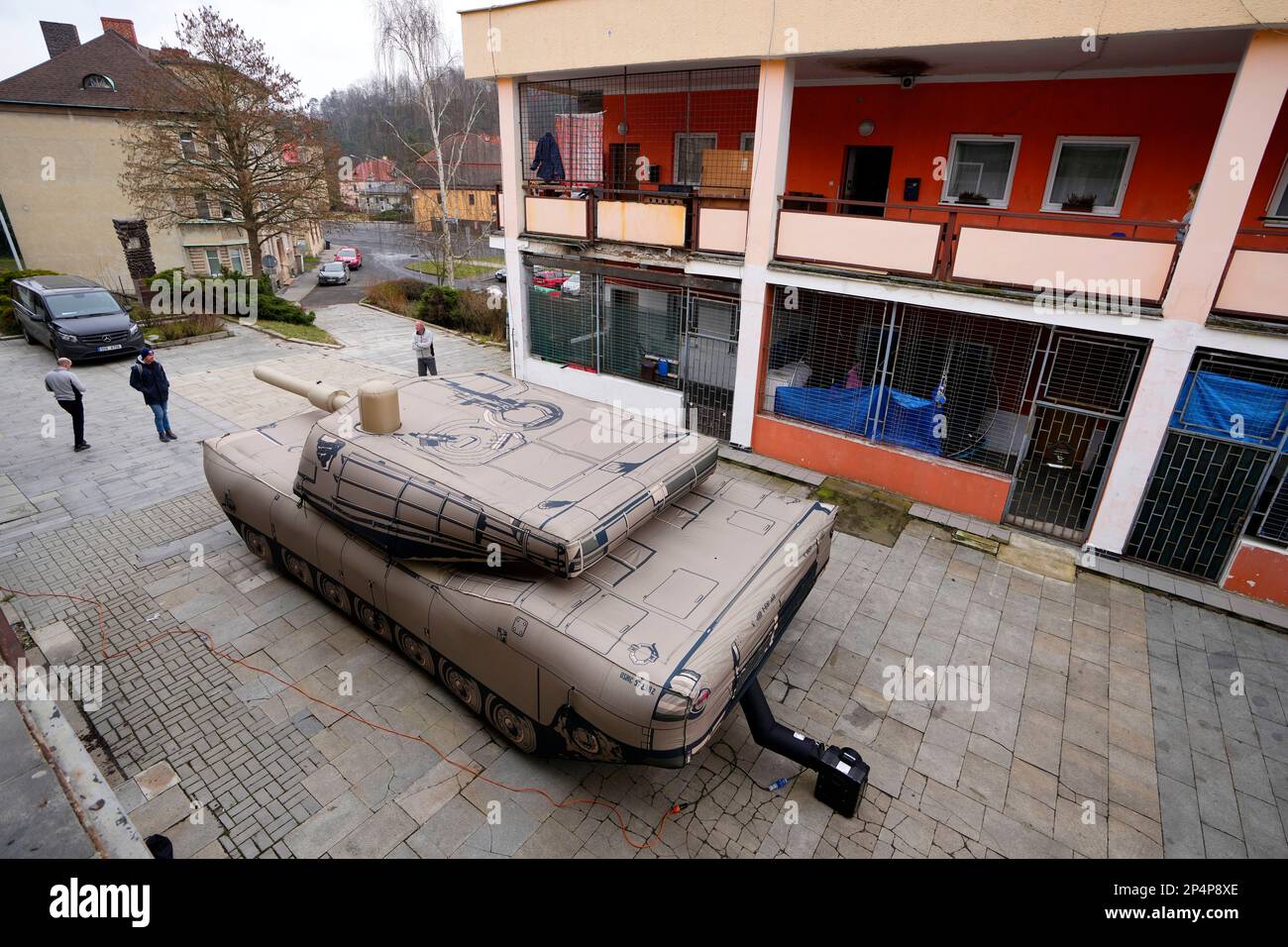 An inflatable decoy of an Abrams tank is presented to media in Decin ...