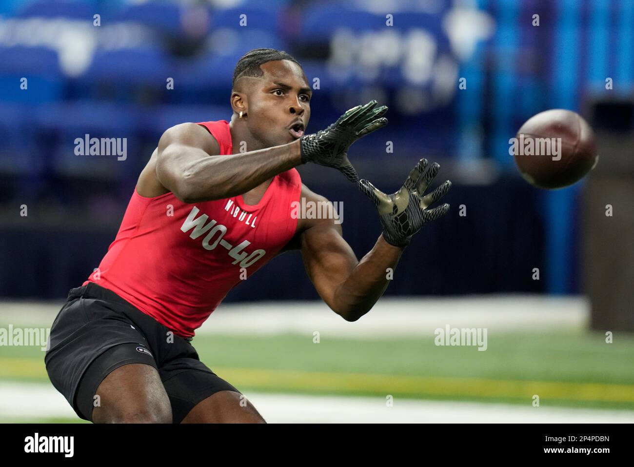 Michigan State wide receiver Jayden Reed runs a drill at the NFL ...