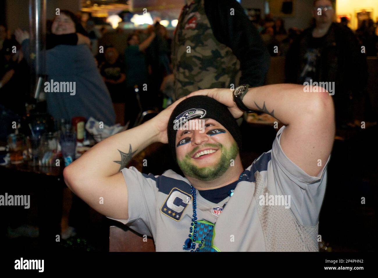 Seattle Seahawks fan Mike Gutierrez smiles after watching Super Bowl ...