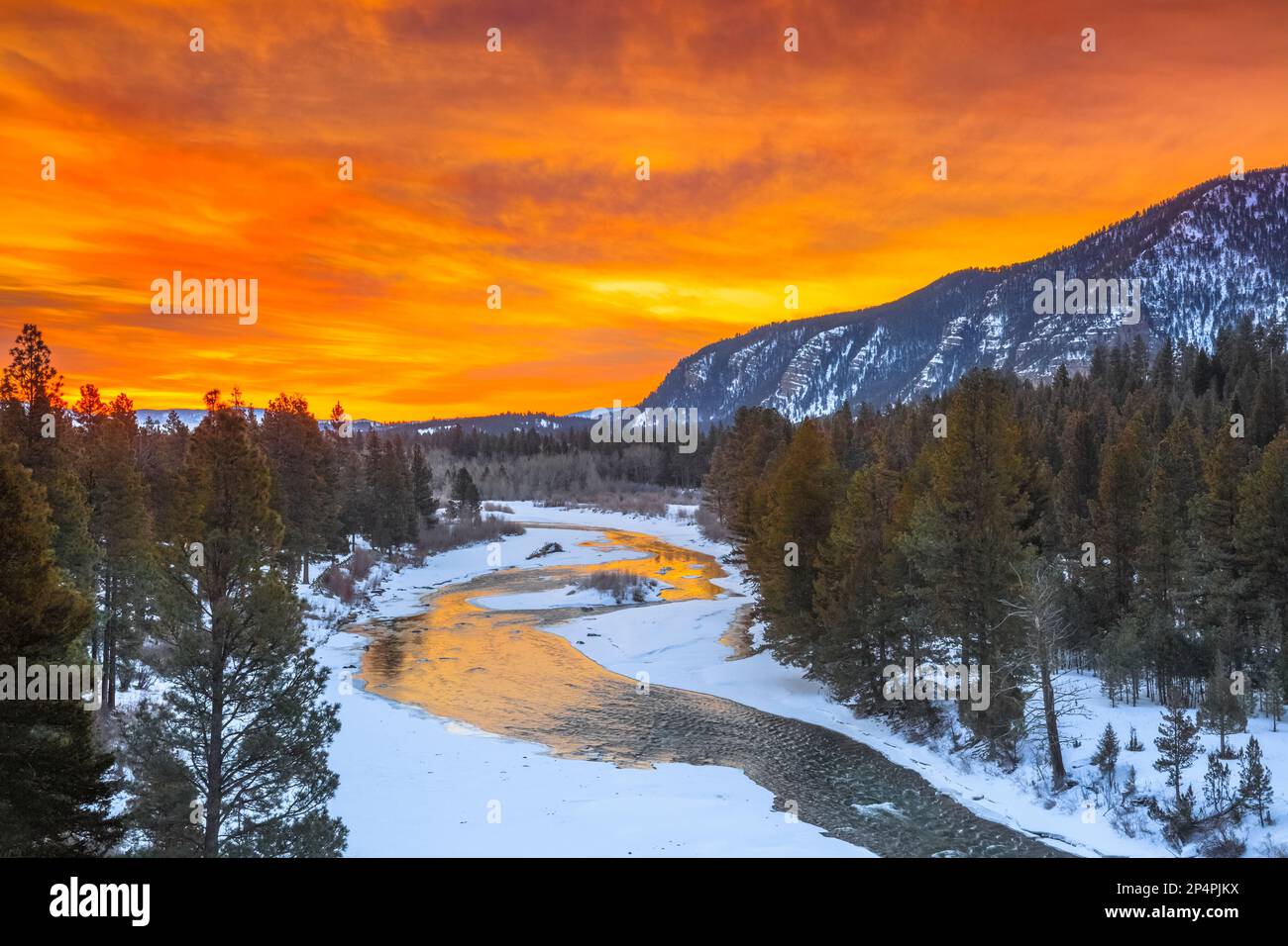 winter sunrise over the blackfoot river near ovando, montana Stock ...