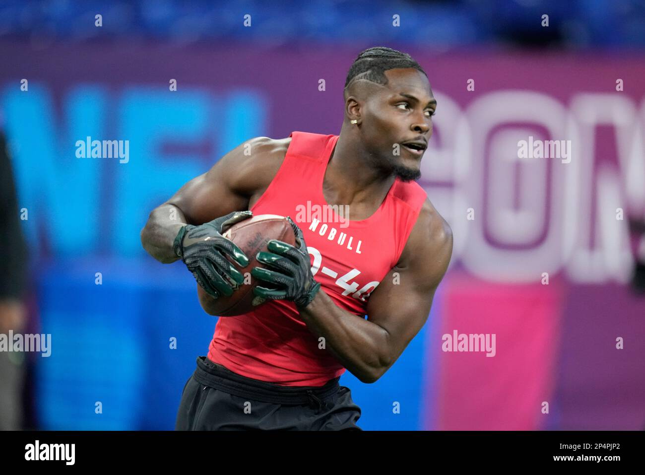 Michigan State wide receiver Jayden Reed runs a drill at the NFL ...