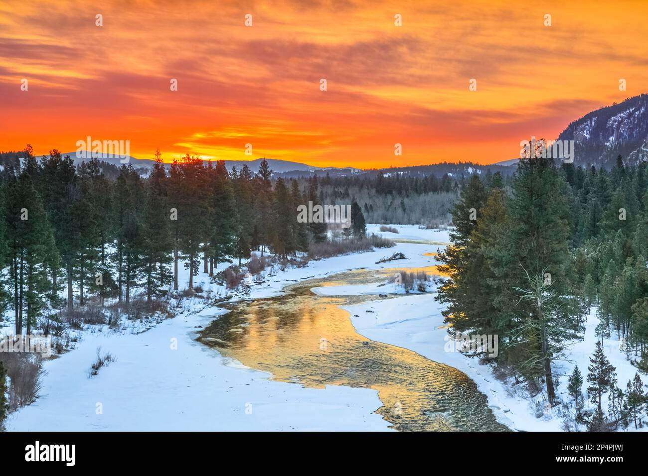 winter sunrise over the blackfoot river near ovando, montana Stock ...