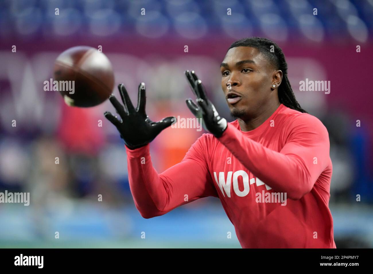 SMU wide receiver Rashee Rice runs a drill at the NFL football scouting ...