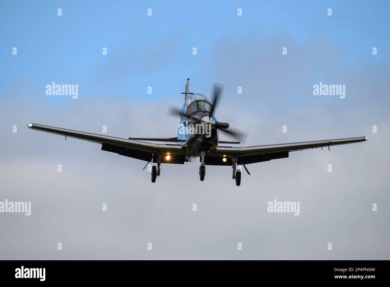 RAF Valley, Holyhead, Wales on March 2 2023. Royal Air Force Texan training aircraft landing ...