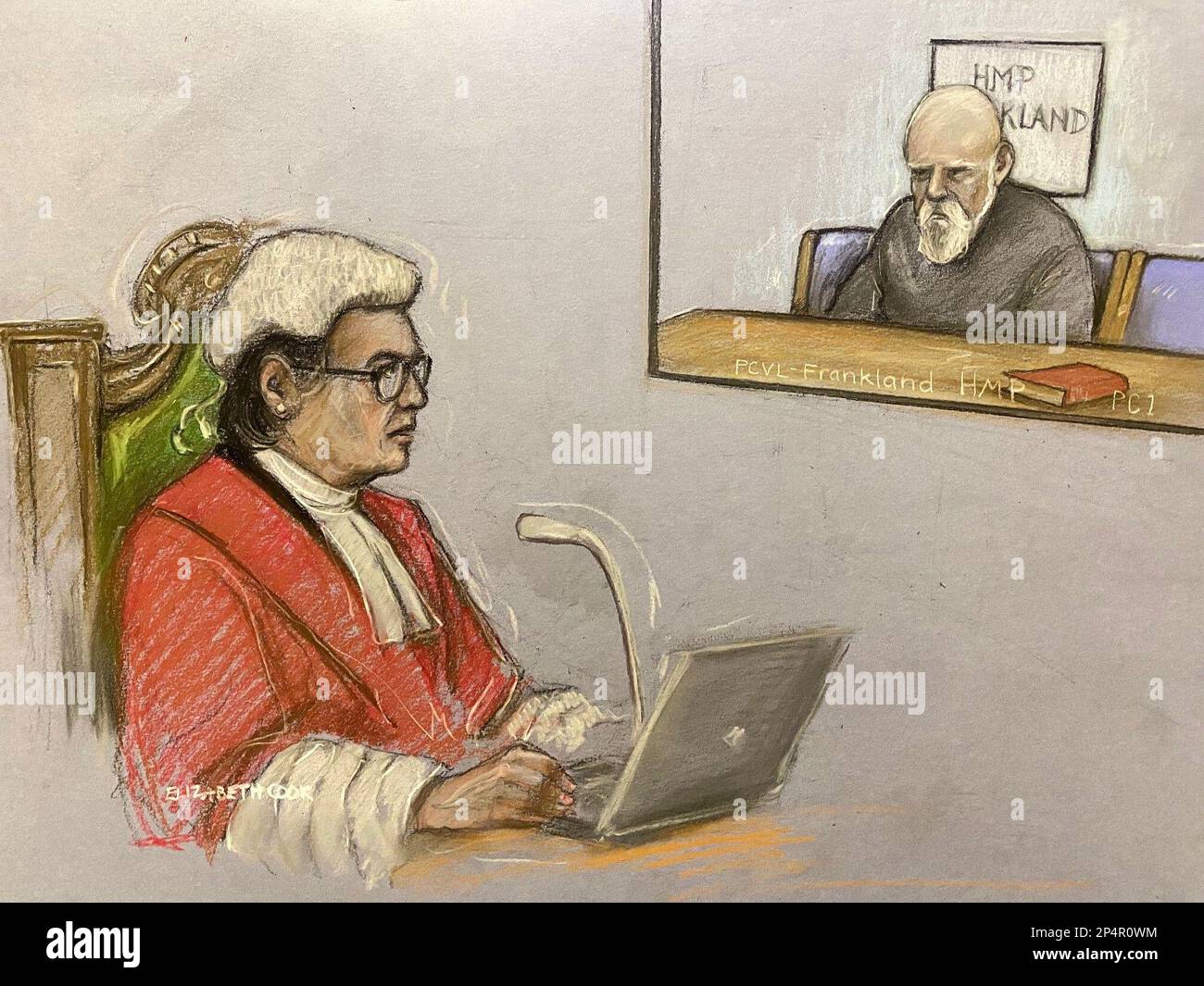 Court artist sketch by Elizabeth Cook of Wayne Couzens appearing via ...