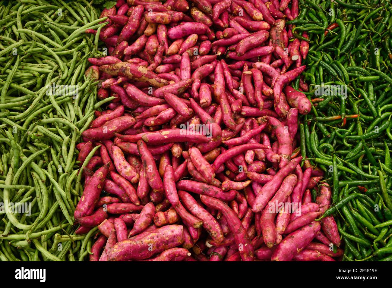 Fresh different vegetables, green bean, yam, sweet potato, pepper on ...