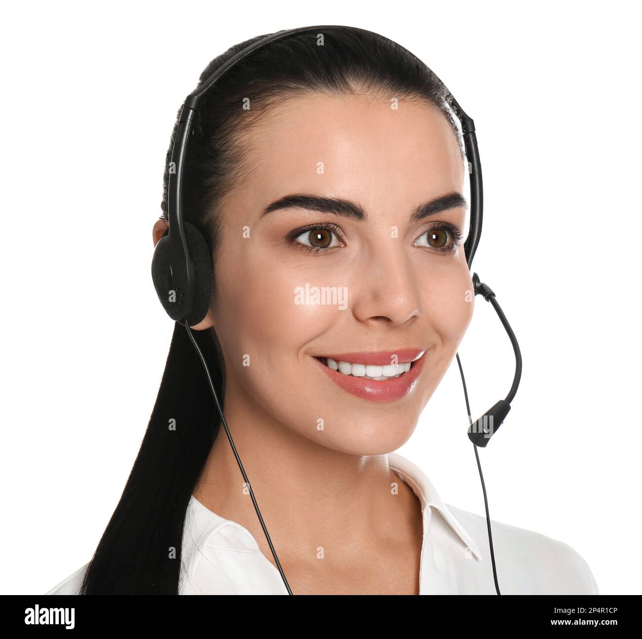 Beautiful young consulting manager with headset on white background ...