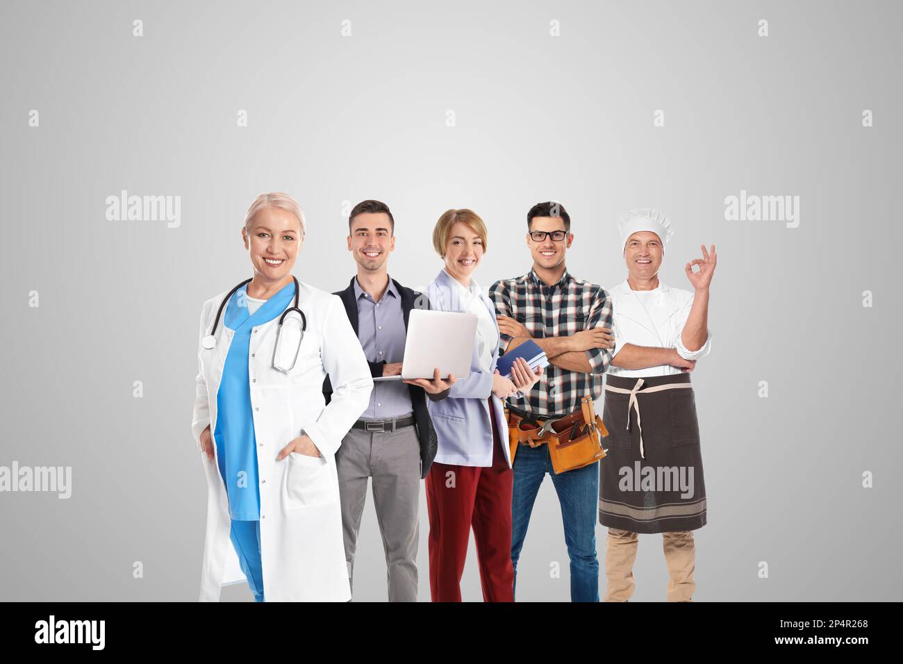 Choosing profession. People of different occupations on light ...