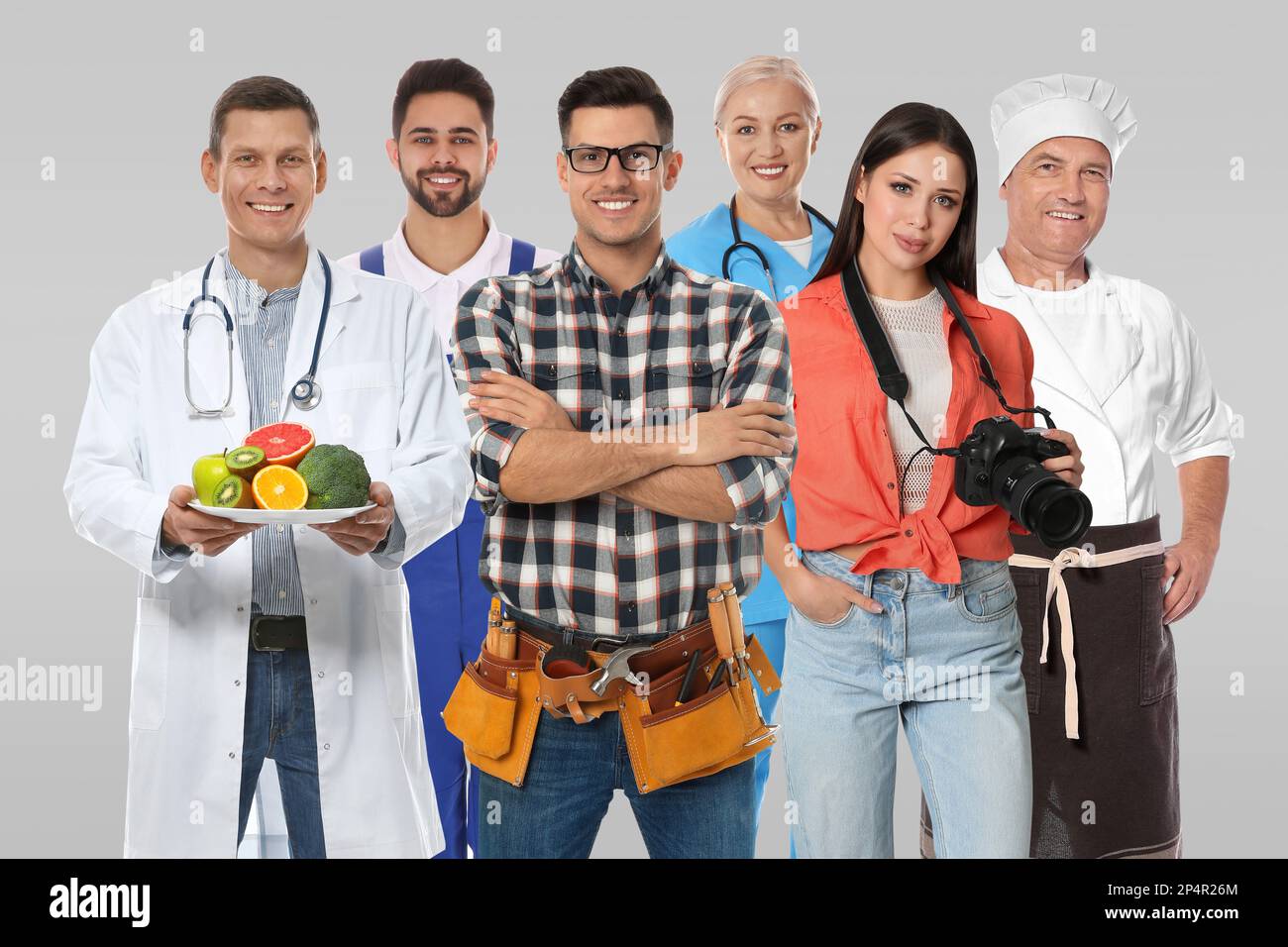 Choosing profession. People of different occupations on light grey ...