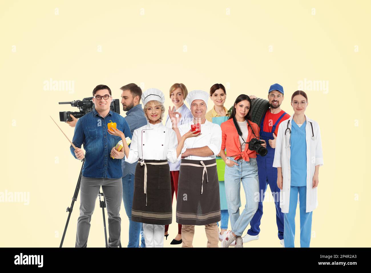 Choosing profession. People of different occupations on beige ...