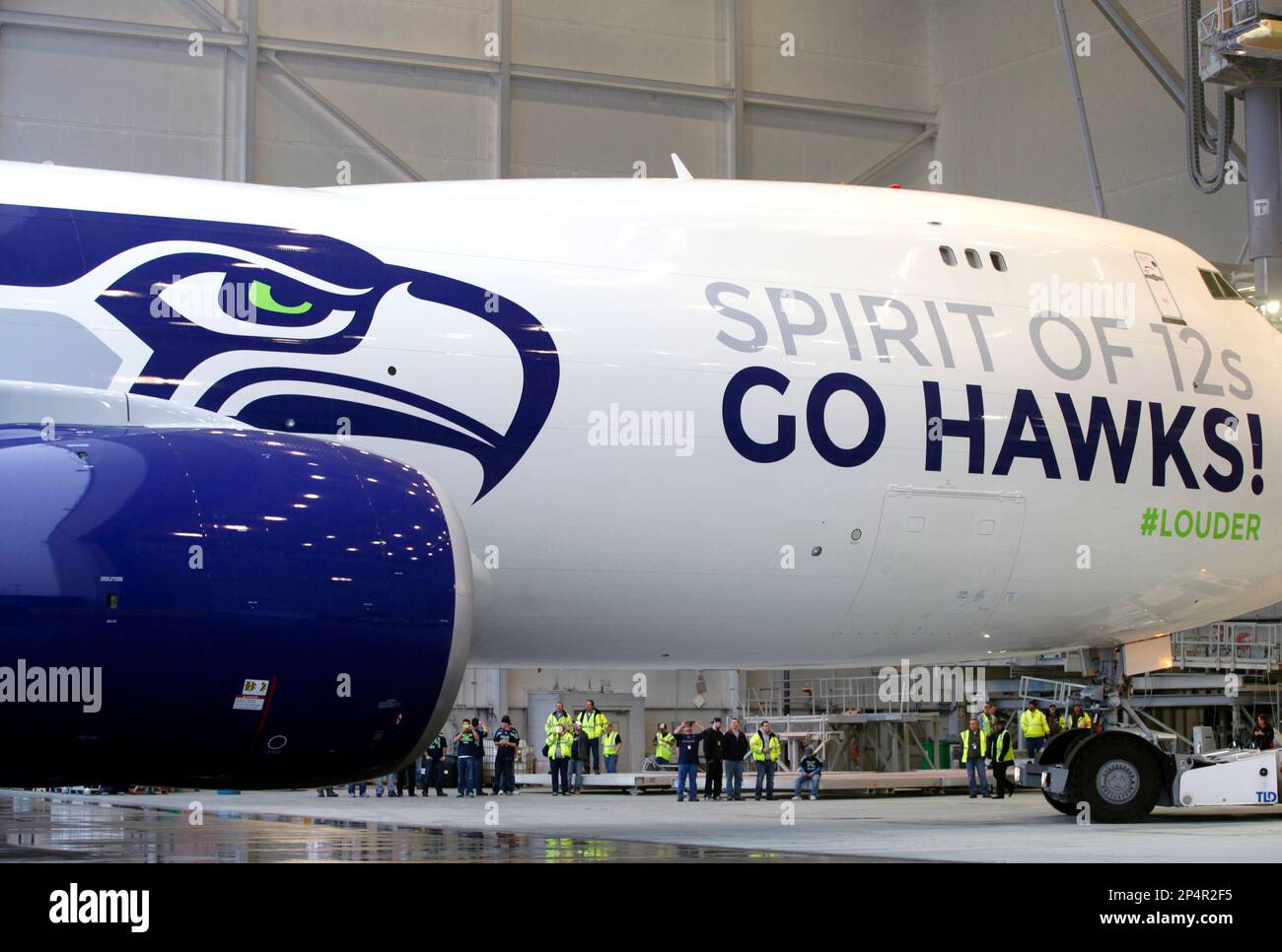 A Boeing 747-8 freighter, painted in Seattle Seahawks livery, is ...