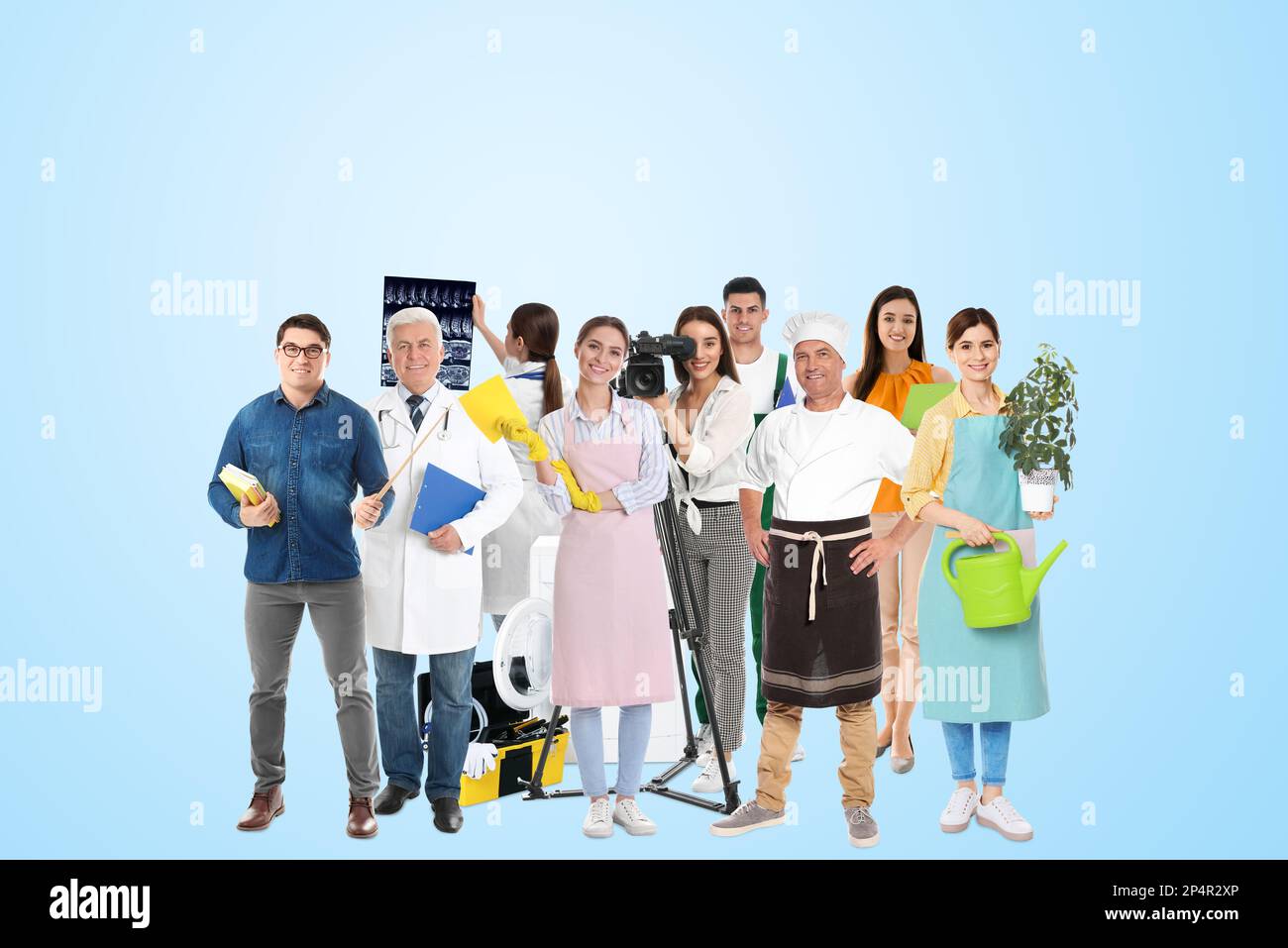 Choosing profession. People of different occupations on light blue ...