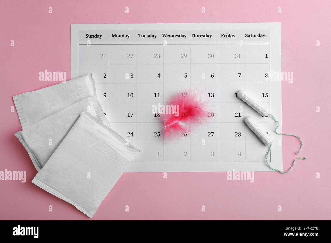 Menstrual pads, tampons, feather and calendar on pink background, flat ...