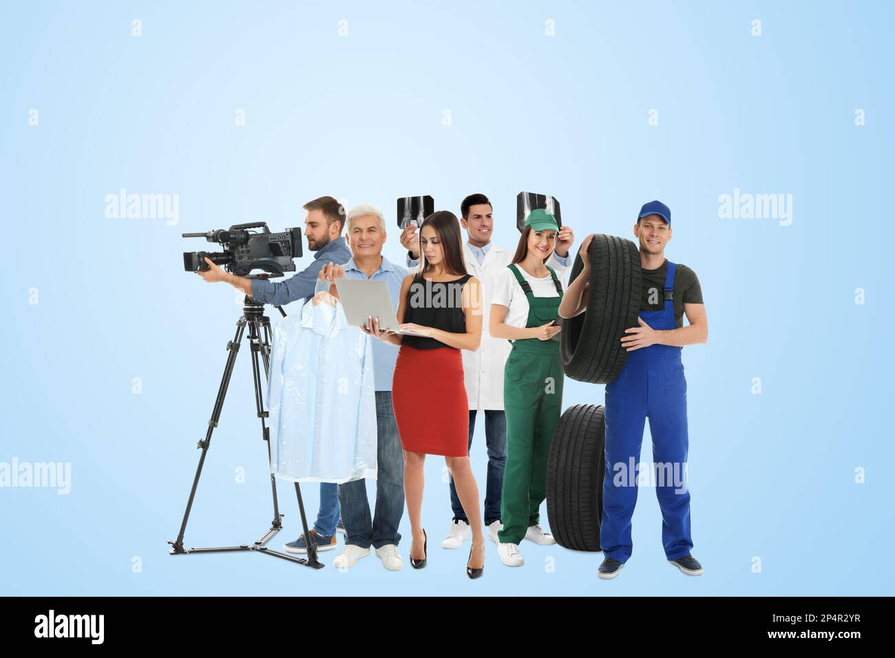 Choosing profession. People of different occupations on light blue ...