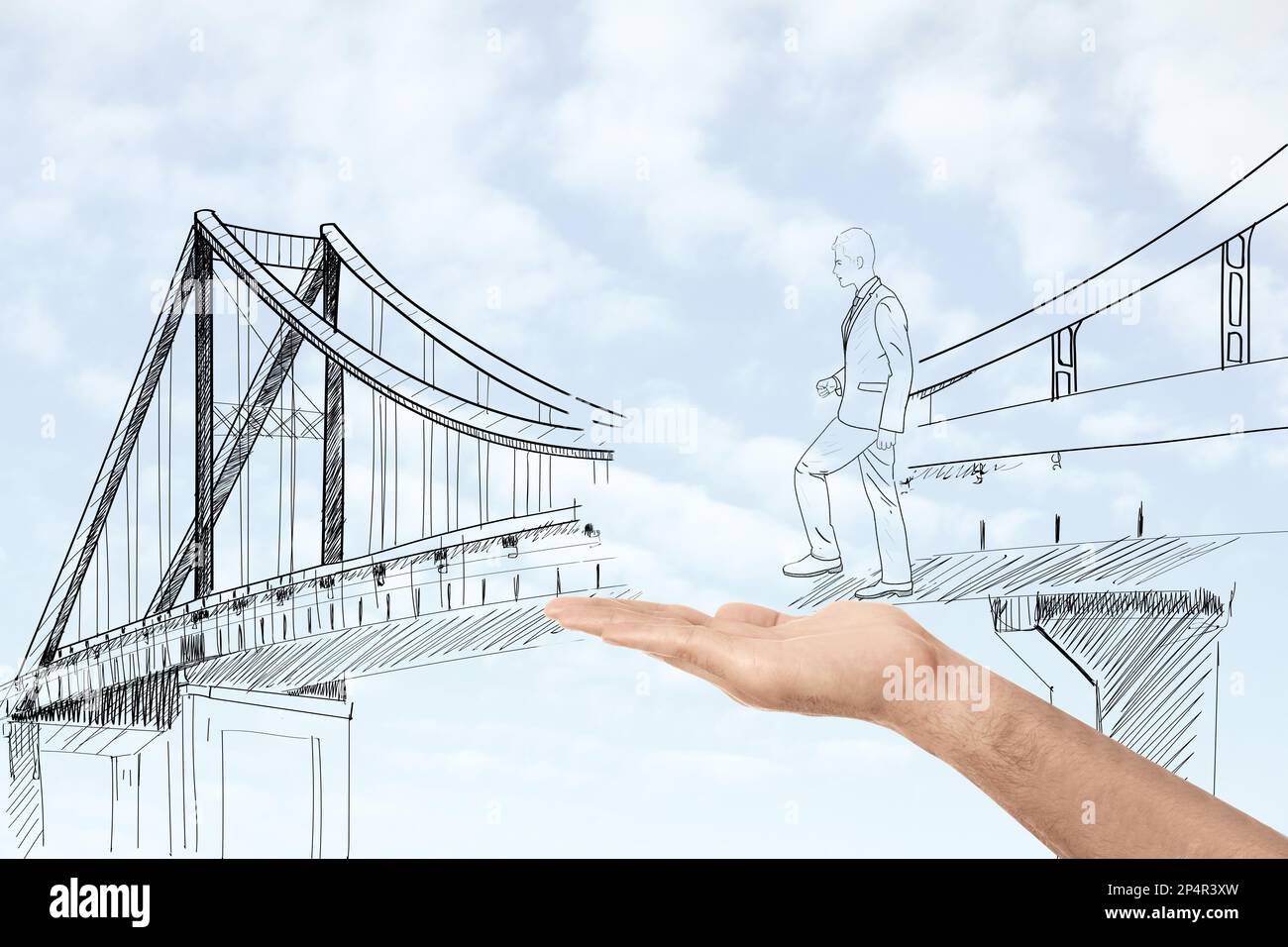 Man holding hand to help drawn businessman cross unfinished bridge ...