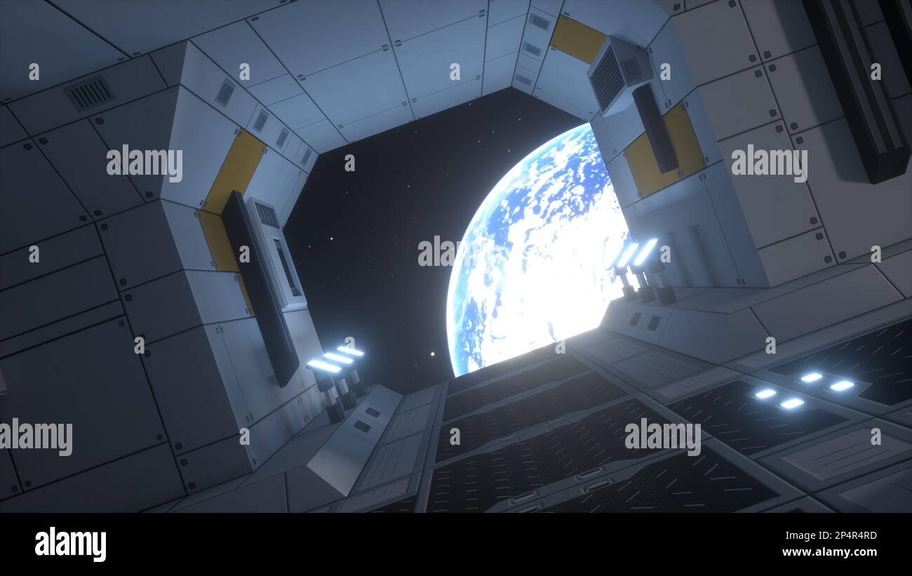 Spaceship corridor. Flying in a spaceship tunnel, a sci-fi shuttle ...