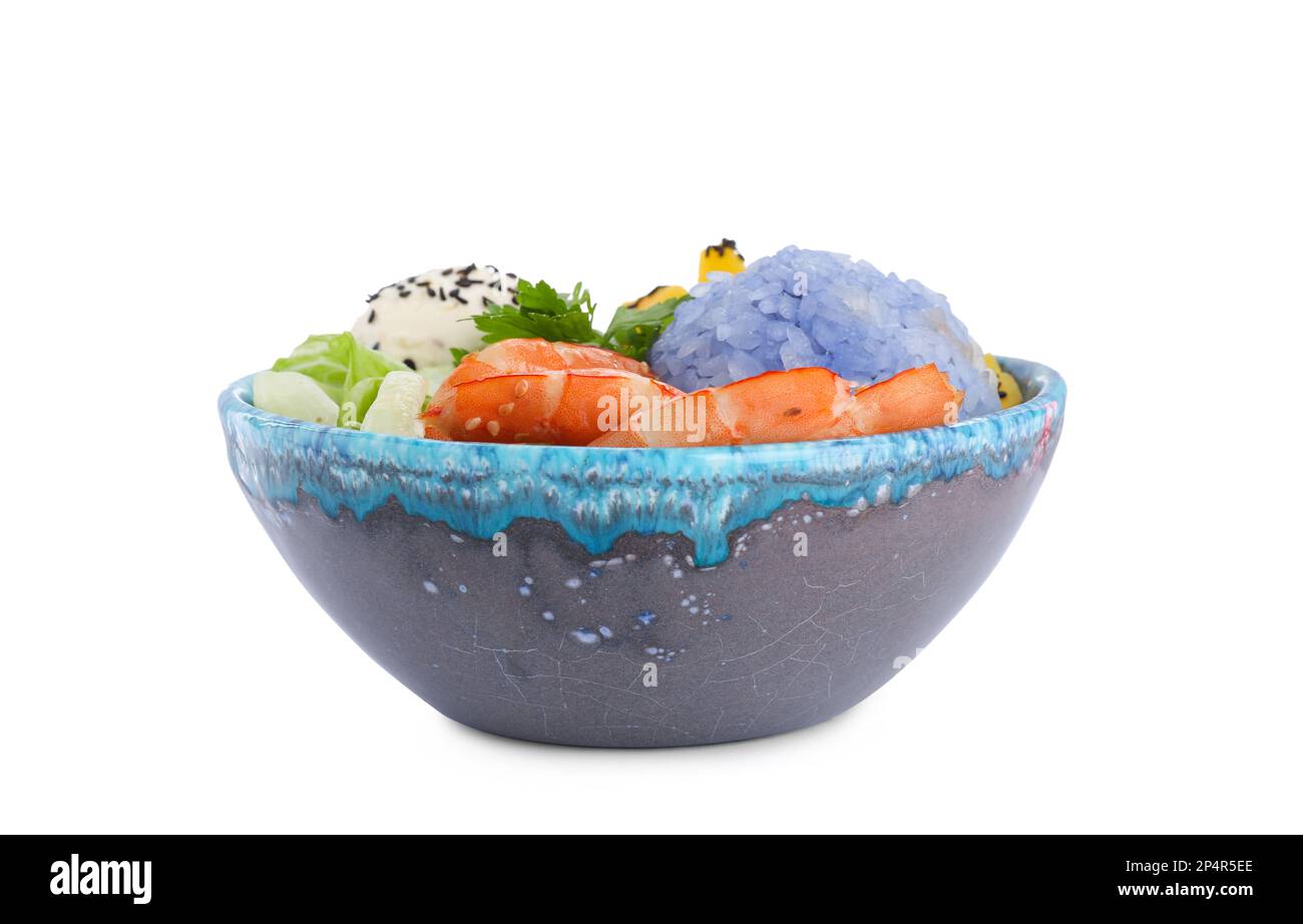 Fresh delicious poke bowl on white background Stock Photo - Alamy