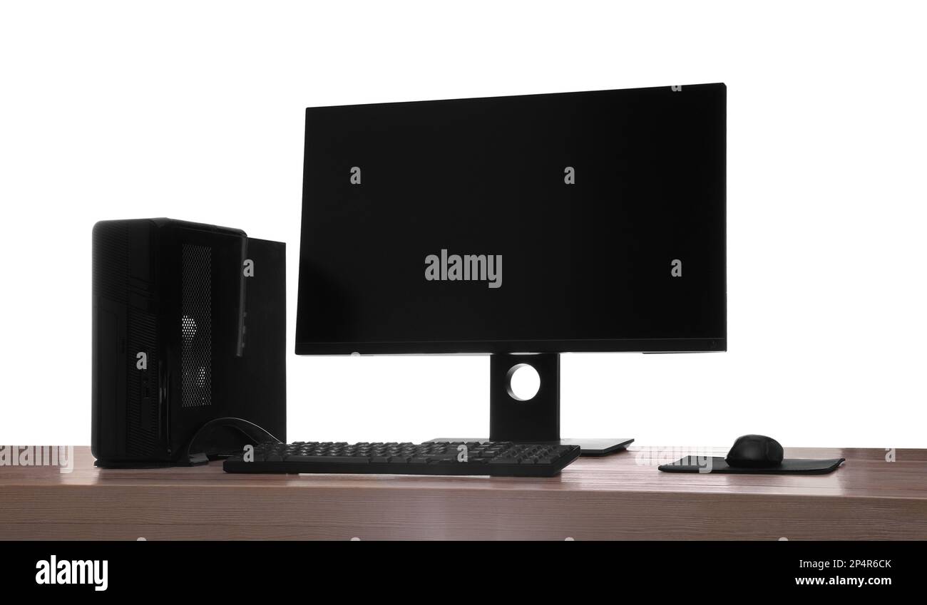 Modern computer with blank monitor screen and peripherals on wooden ...