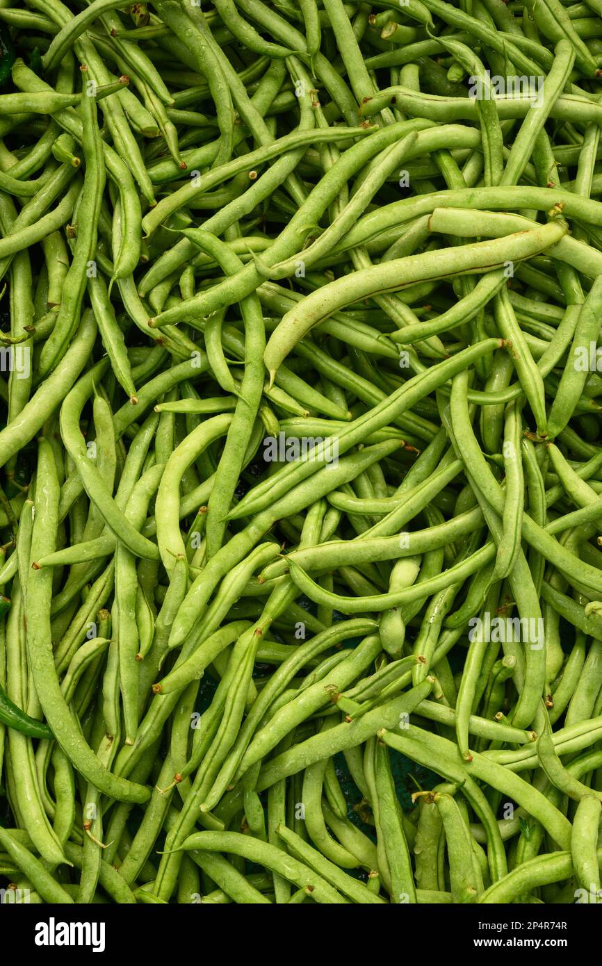 Fresh green bean on market as background. Top view. Organic texture ...