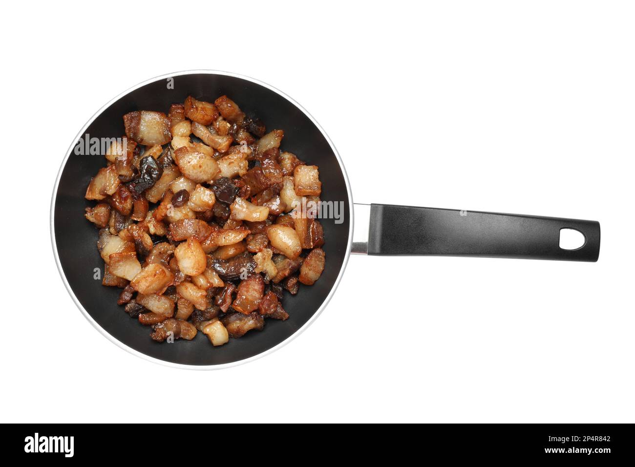 Tasty cracklings in frying pan isolated on white, top view. Cooked pork ...