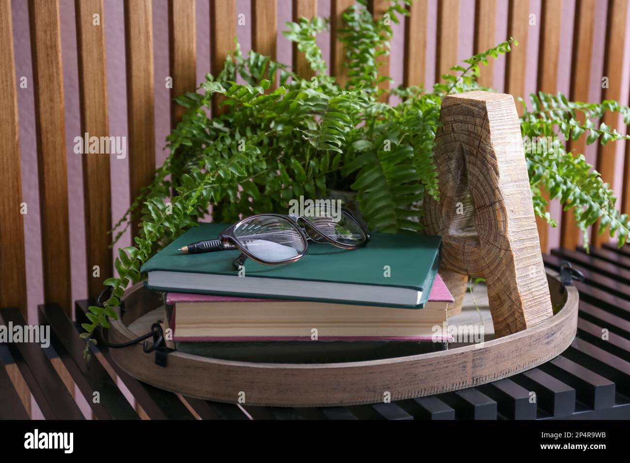 Stylish tray with books, glasses and houseplant on wooden shelf Stock ...